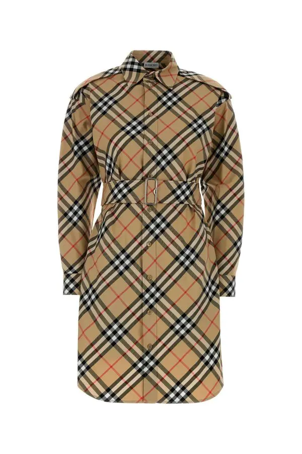 Burberry Embroidered Cotton Shirt Dress With Classic Collar And Checks
