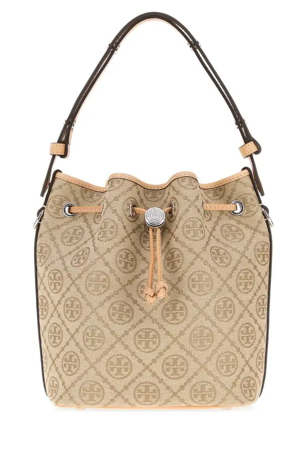 Tory Burch Embroidered Canvas Bucket Bag With Leather Trim