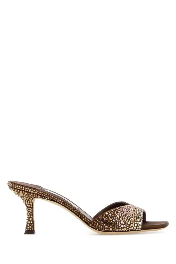 JIMMY CHOO Embellished Satin Skye Mules - Brown
