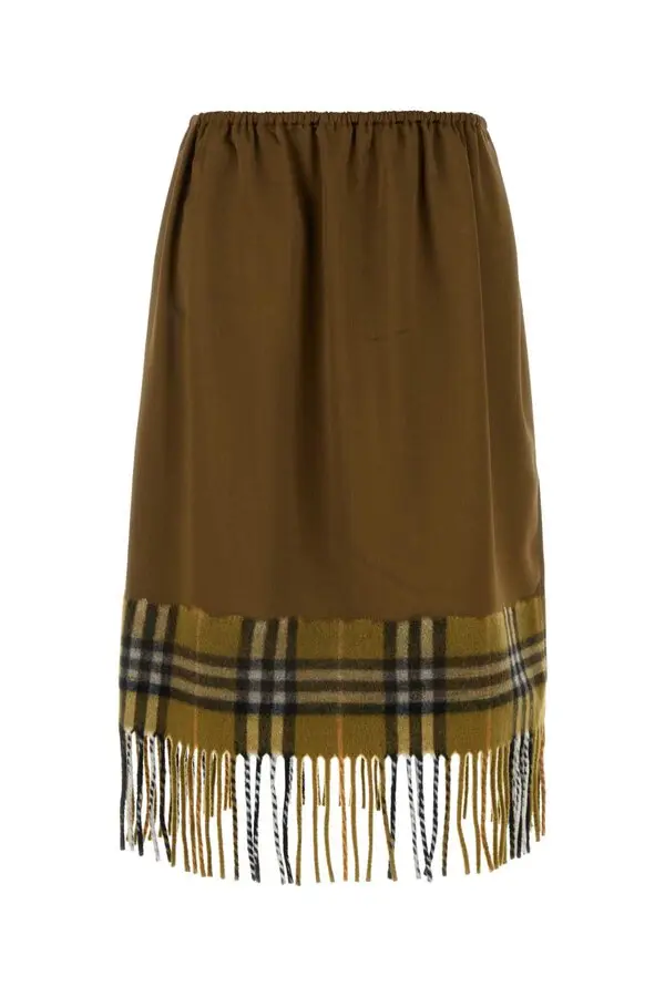 Burberry Midi Skirt With Tartan Trim And Fringe - Camel