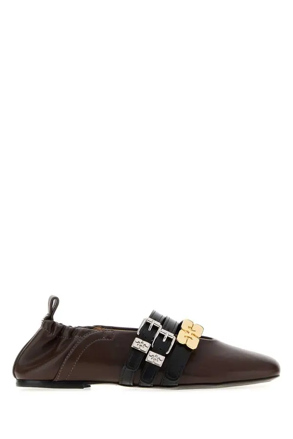 GANNI Synthetic Leather Ballerina Flats With Buckle Detailing - Brown