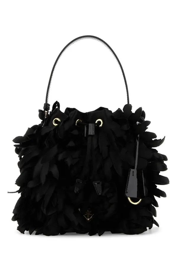 Prada Embellished Satin Mini Bucket Handbag With Golden Metal - Black