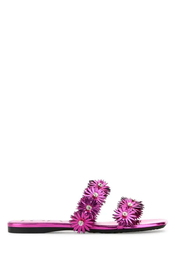 Loewe Metallic Leather Slip-on Sandals With Floral Embellishments - Pink