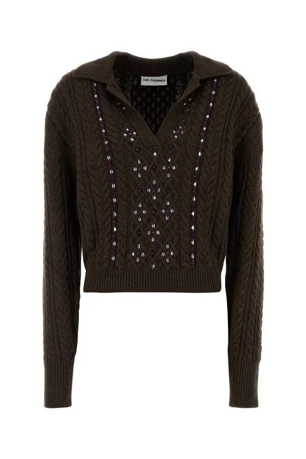 DES_PHEMMES Ribbed Knit Sweater With Embellished V-neck - Brown