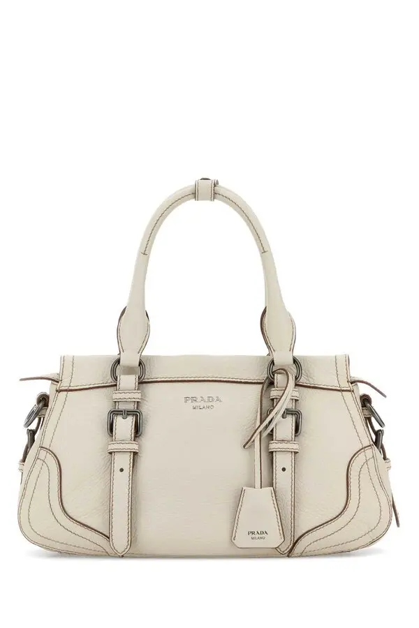 Prada Large Deer Leather Handbag With Top Handle And Shoulder Strap - White