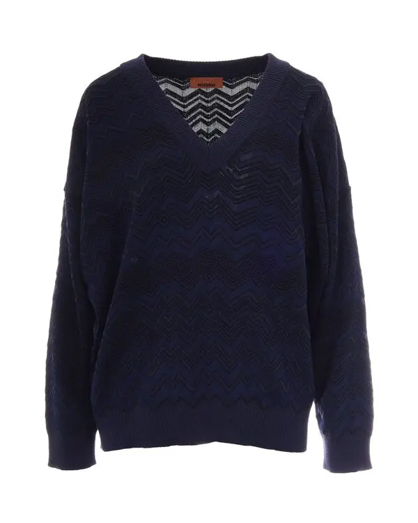 Missoni Zigzag Knit V-neck Sweater - Solid Navy Blue