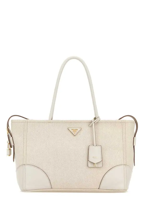 Prada Large Canvas Shopping Handbag With Adjustable Strap - White