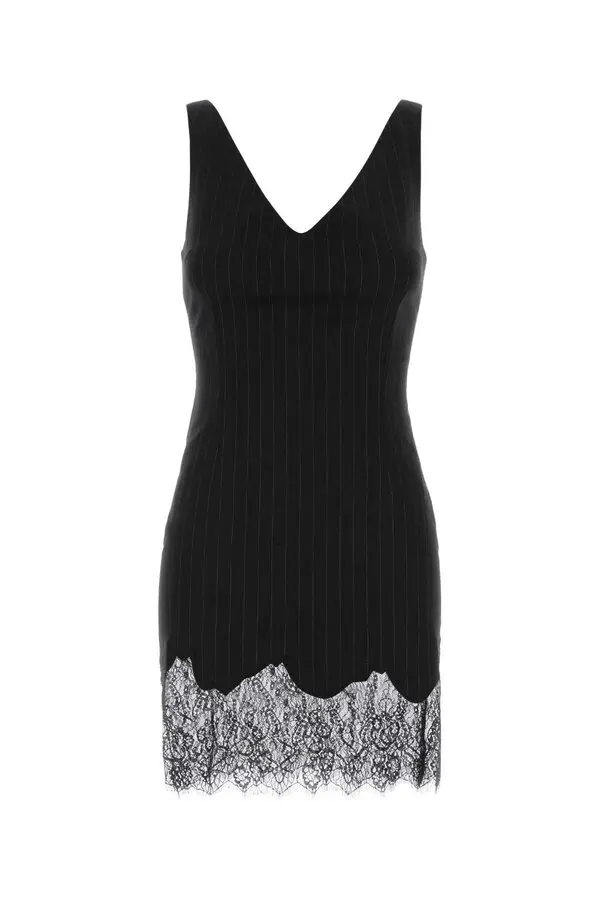 Andamane Black Pinstripe Lace Trim Mini Dress - Stripped