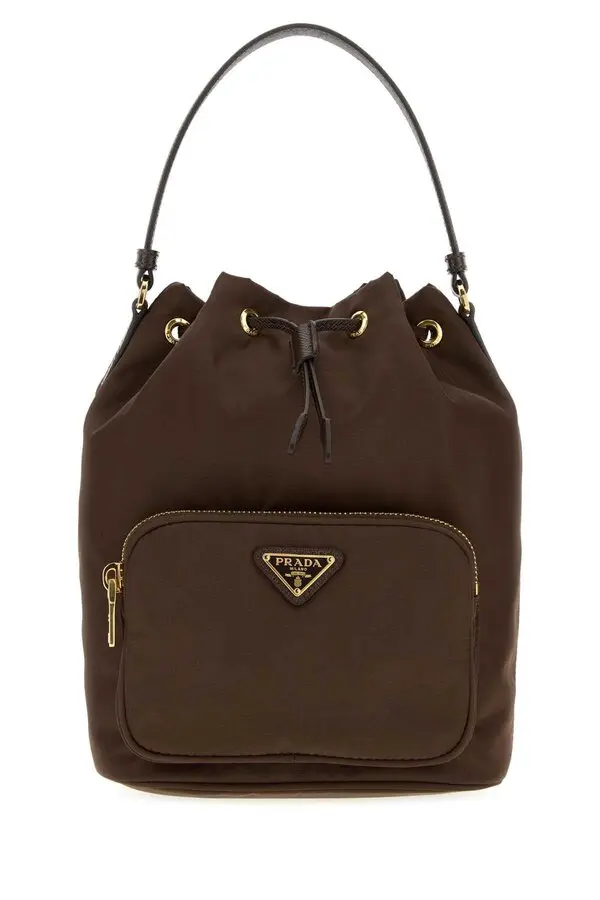Prada Practical Re-nylon Duet Bucket Handbag With Golden Metal Finish - Brown
