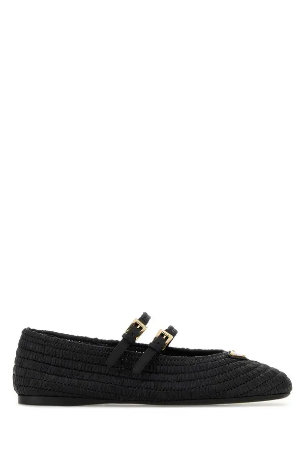 Prada Raffia Ballerina Flats With Buckled Straps - Black