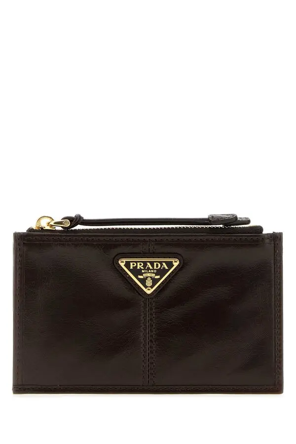 Prada Mini Leather Card Holder With Golden Hardware - Brown