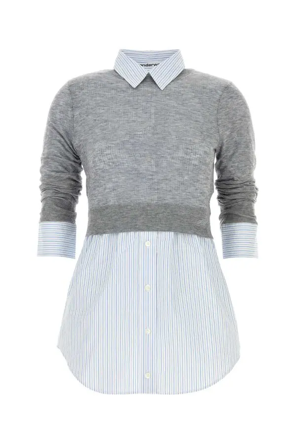 Alexander Wang Sheer Crewneck Button-up Top - Heathergrey