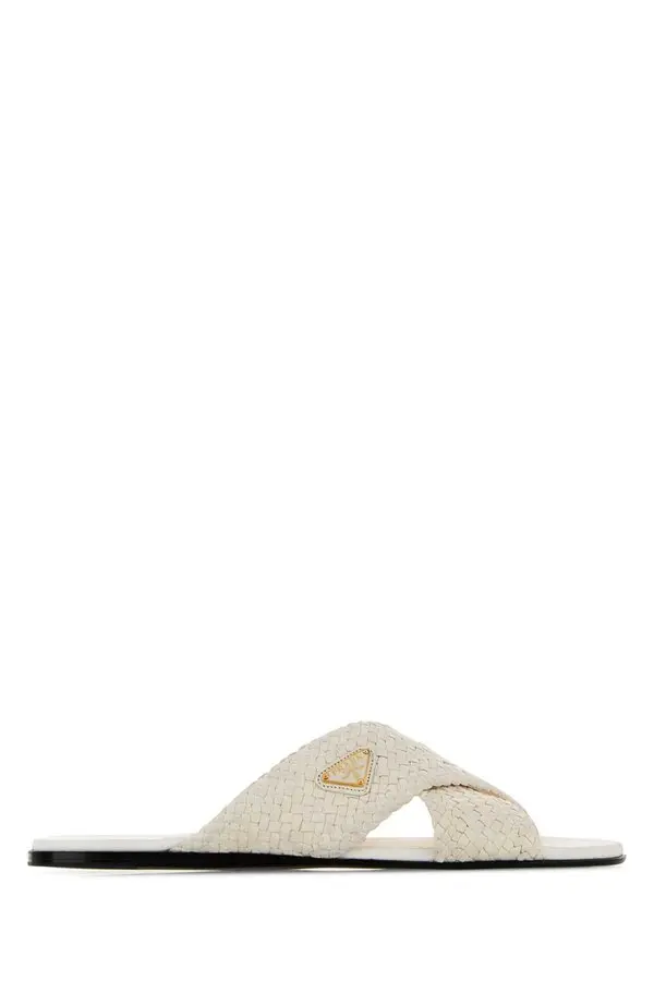 Prada Woven Leather Slip-on Sandals - White