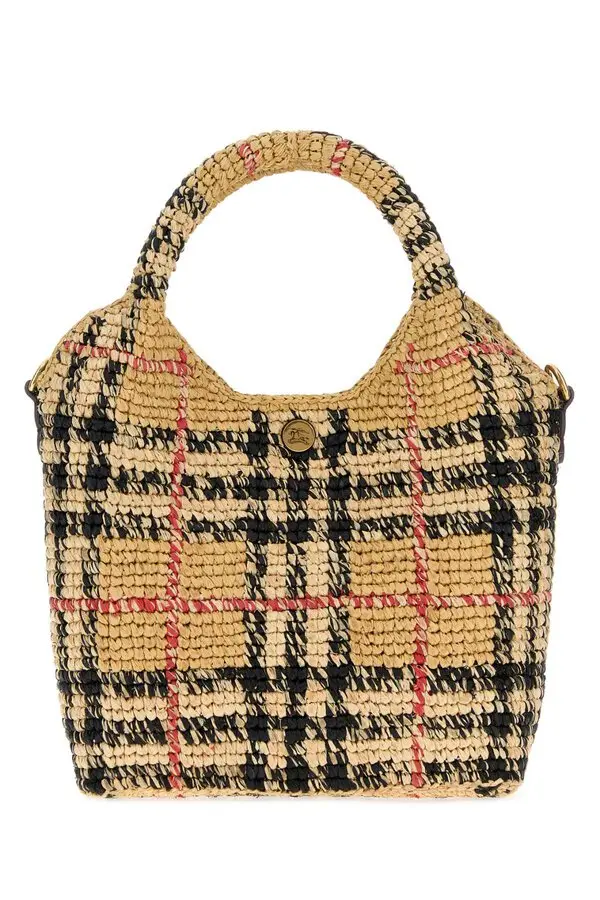 Burberry Raffia Margate Handbag With Antiqued Golden Metal Hardware - Checked