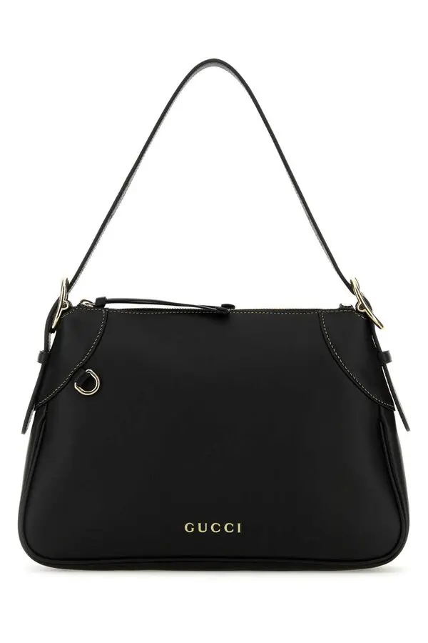 Gucci Gg Emblem Medium Leather Shoulder Handbag With Leather And Fabric Lining - Black