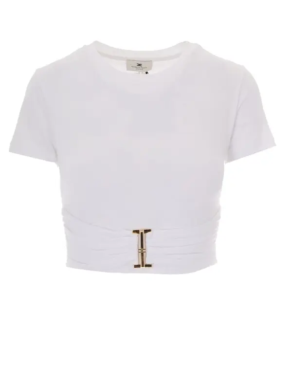 Elisabetta Franchi Short Sleeve T-shirt With Logo Buckle Detail - Gesso