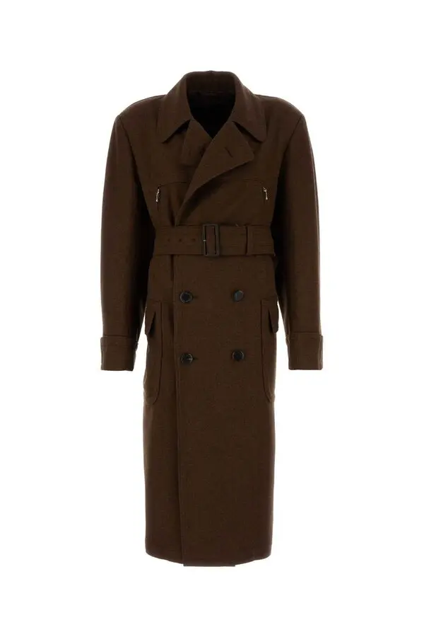 Prada Double Breasted Virgin Wool Trench Coat - Brown