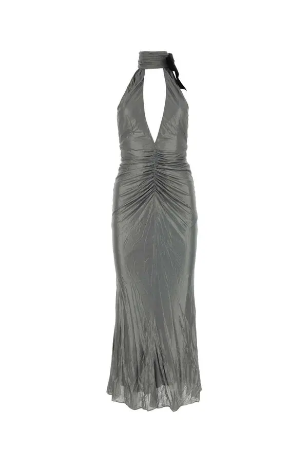 Alessandra Rich Halterneck Ruched Viscose Gown - Grey