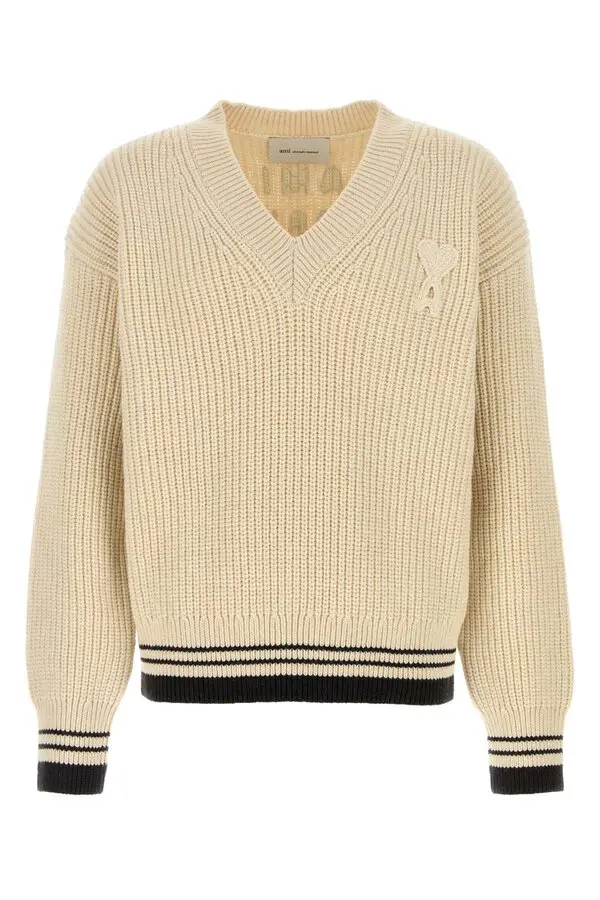AMI Paris Ivory Wool-blend Crewneck Sweater