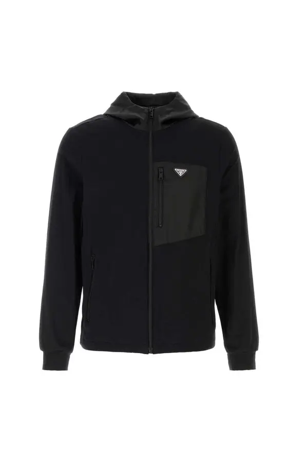 Prada Stretch Cotton Sweatshirt With Hood And Recycled Nylon Details