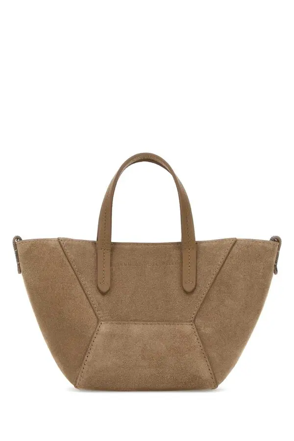 Brunello Cucinelli Mini Suede Handbag With Ruthenium Finish - Camel