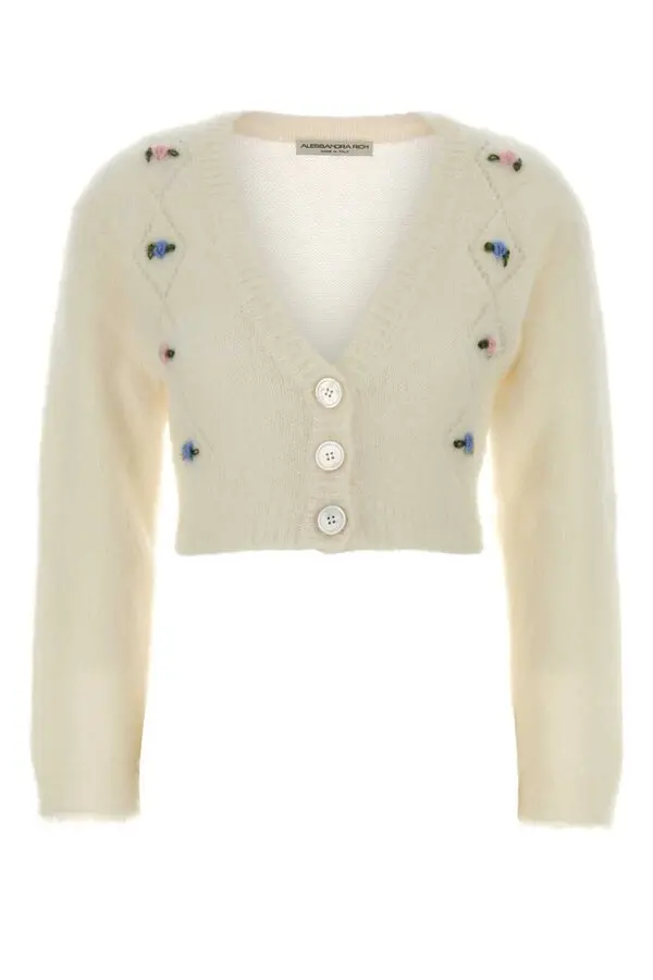 Alessandra Rich Mohair Blend Cropped Cardigan With Floral Embellishments