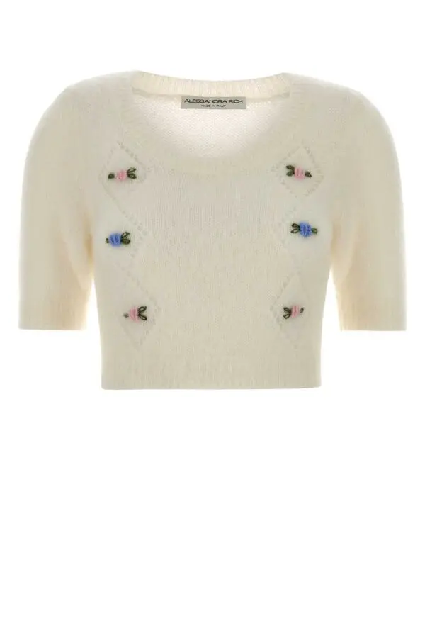 Alessandra Rich Mohair Blend Cropped Sweater With Floral Appliqu - White