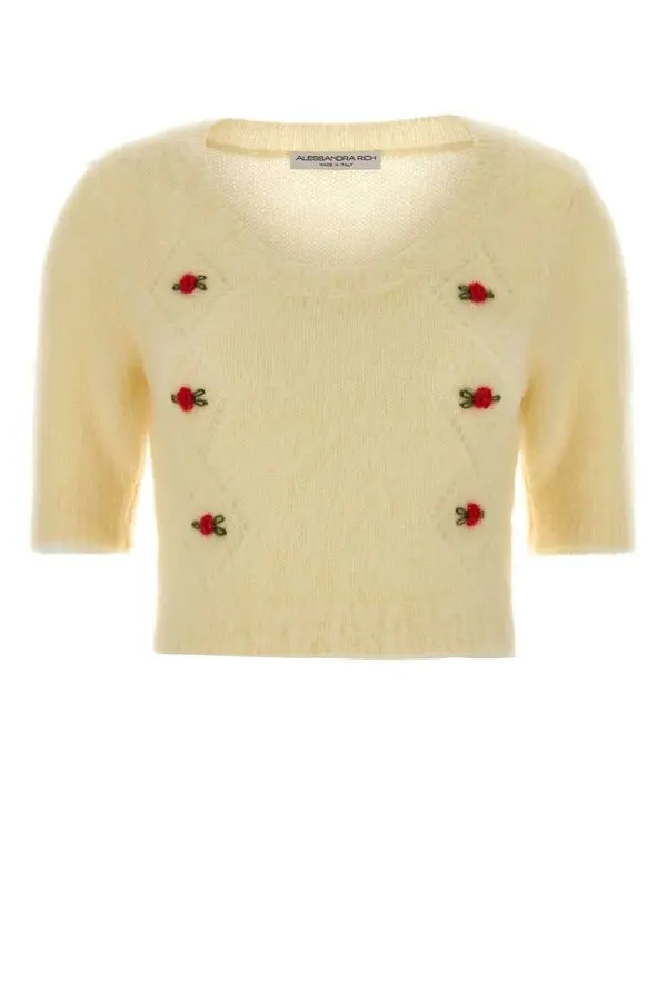 Alessandra Rich Cropped Mohair-blend Knit Sweater With Rose Embellishments