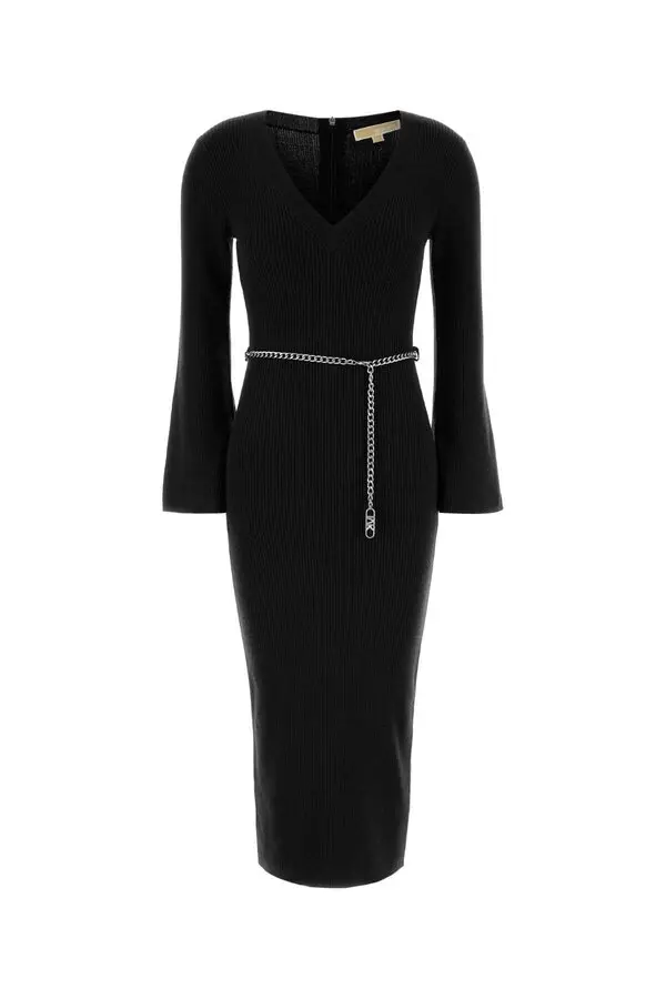 Michael Kors Ribbed Knit Sheath Dress With Chain Belt