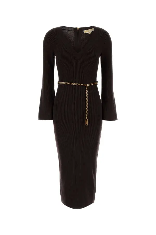 Michael Kors Ribbed Wool Blend Midi Dress With Chain Belt