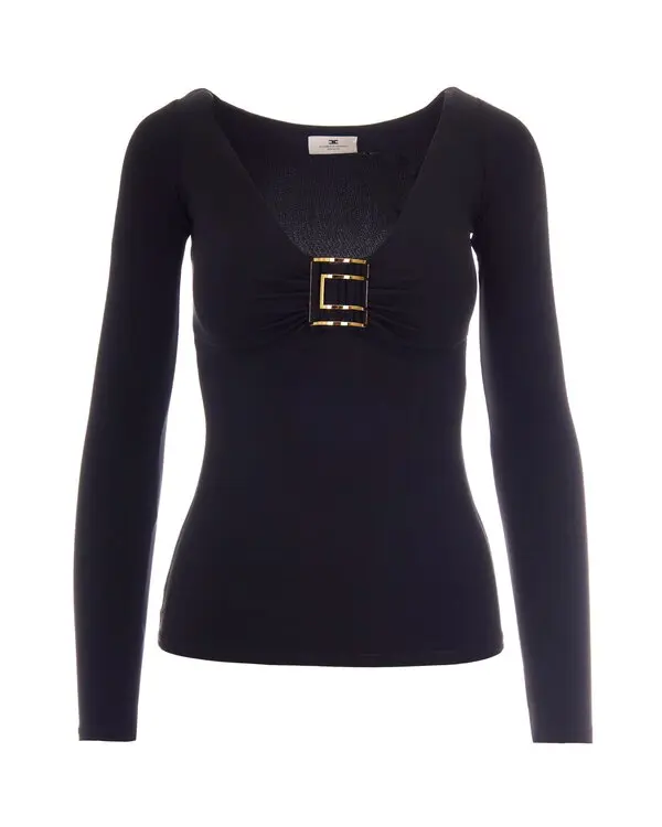 Elisabetta Franchi Long Sleeve Fitted V-neck Top With Buckle Detail - Nero