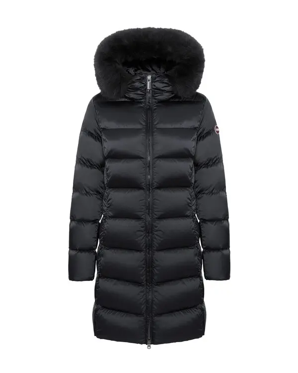 COLMAR Long Quilted Down Coat With Faux Fur Hood