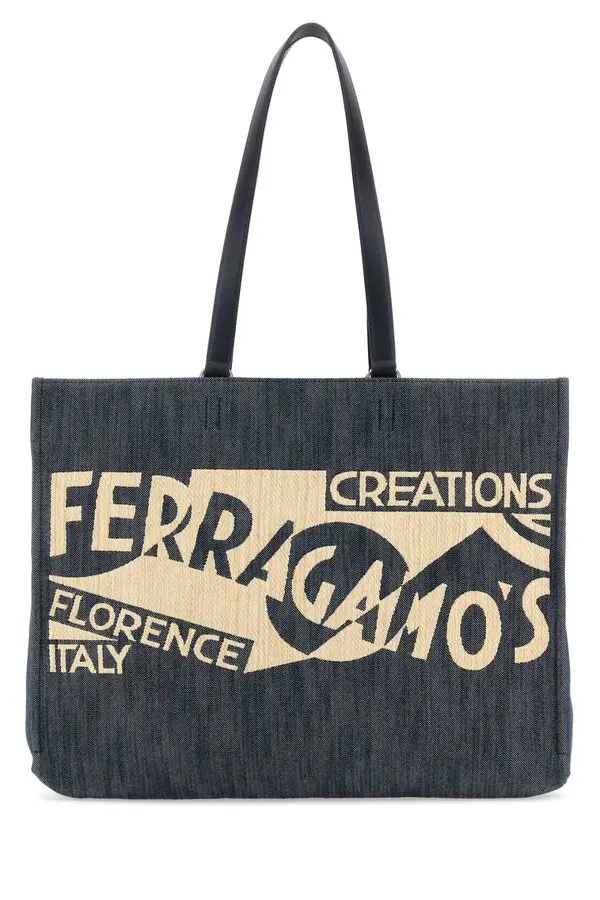 FERRAGAMO Large Denim Tote Bag With Tt Sign Logo - Blue