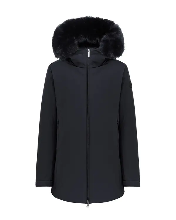 COLMAR Long Hooded Puffer Coat With Faux Fur Trim - Black