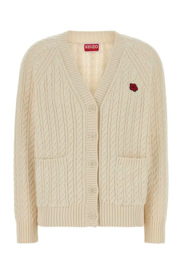 Kenzo Cotton-wool Blend Cable Knit Cardigan With Rose Appliqu