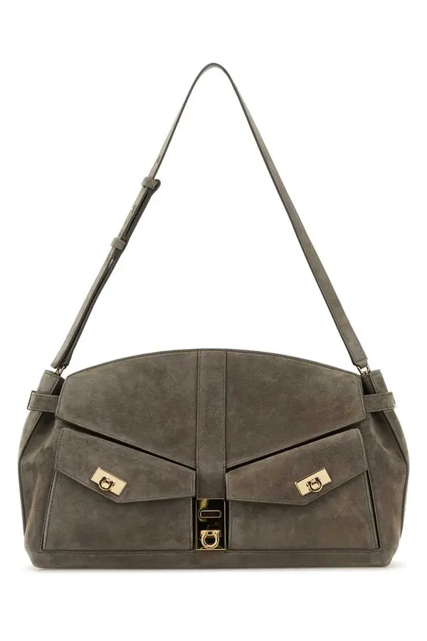 FERRAGAMO Suede Shoulder Handbag With Golden Metal Finishing, 35 X 23 X 17 Cm - Grey