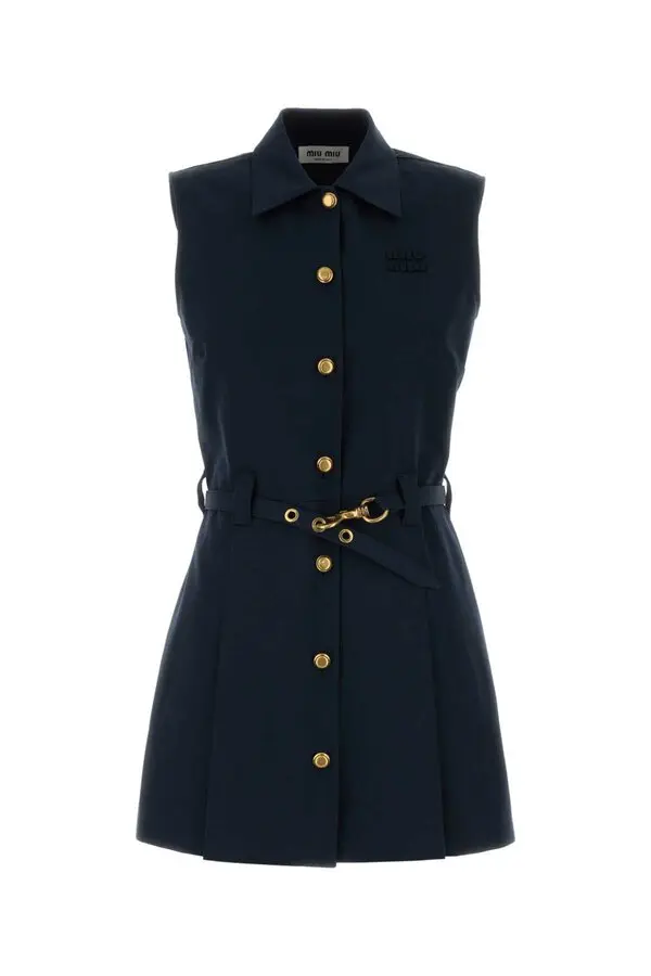 Miu Miu Cotton Poplin Mini Dress With Belt - Blue
