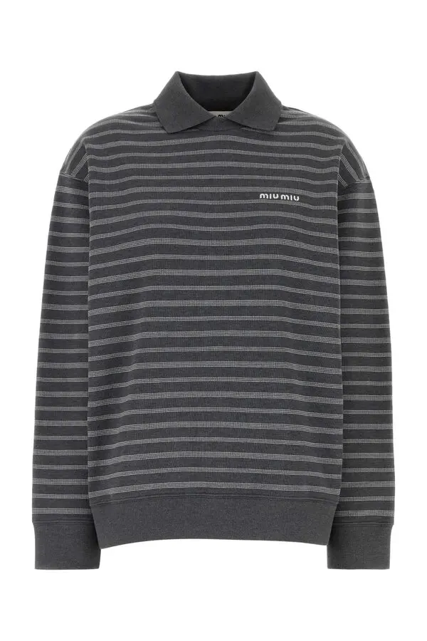 Miu Miu Embroidered Cotton Oversize Polo Shirt - Stripped