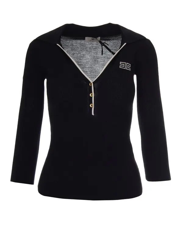 Elisabetta Franchi Long Sleeve Ribbed Knit Polo Top
