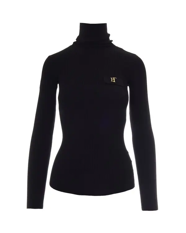Elisabetta Franchi Ribbed Turtleneck Sweater With Logo Pocket Detail - Nero