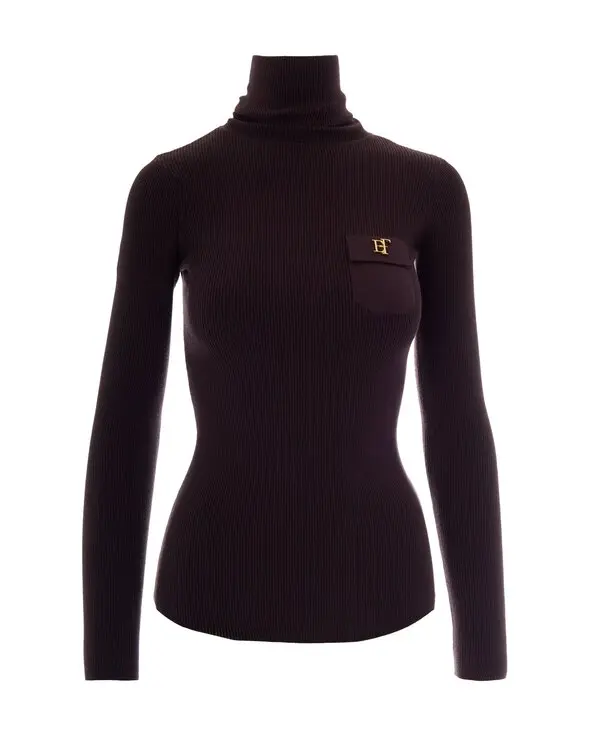 Elisabetta Franchi Ribbed Turtleneck Sweater With Metallic Logo Pocket - Dark Chocolate