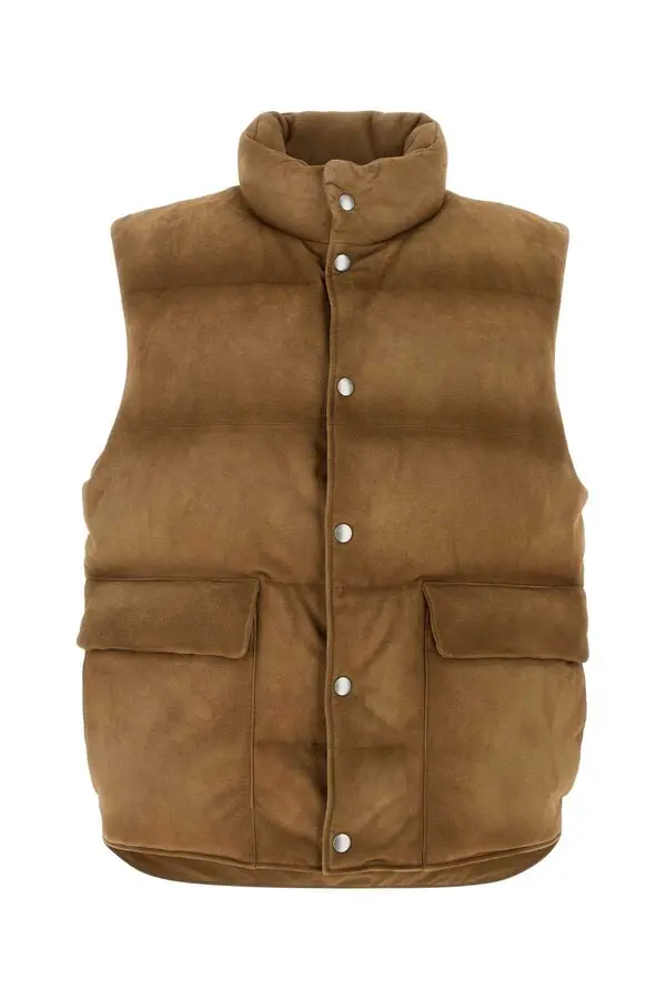Prada Sleeveless Down Jacket In Biscuit Suede - Camel