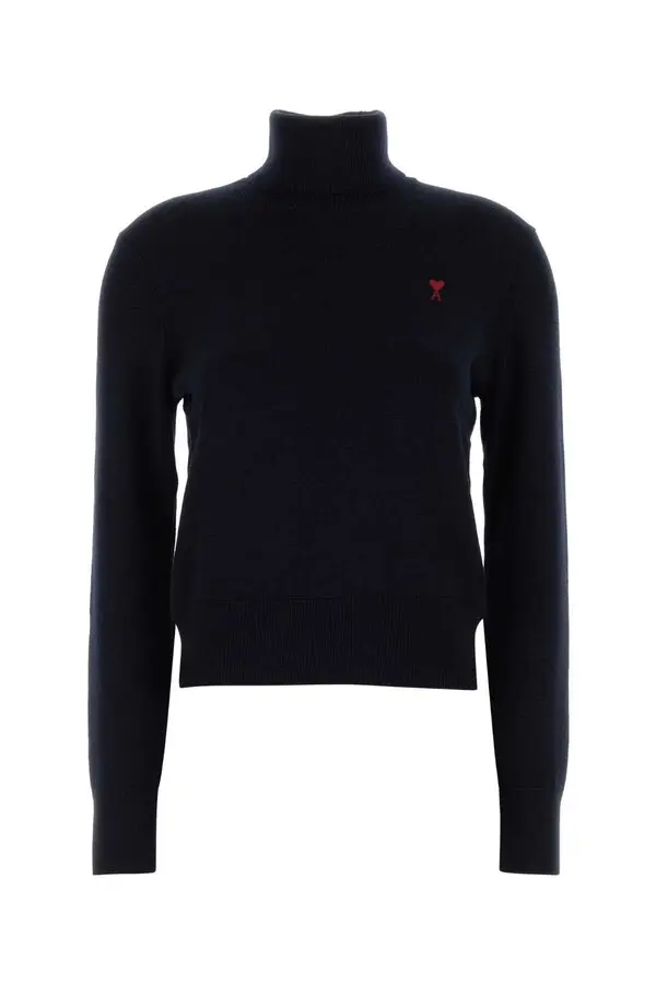 AMI Paris Merino Wool Turtleneck Sweater With Embroidered Logo - Blue