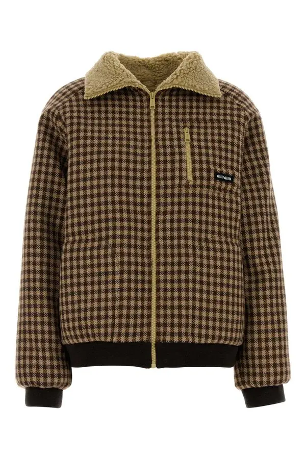 Miu Miu Wool Jacket With Shearling Collar - Checked