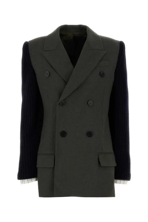JEAN PAUL GAULTIER Wool Blend Double Breasted Blazer With Contrasting Sleeves - Green