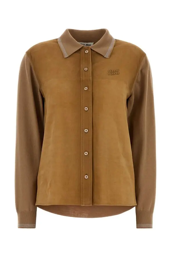 Miu Miu Wool And Suede Button-up Cardigan - Camel