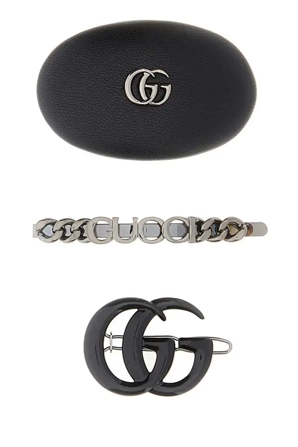 Gucci Leather And Metal Hair Clips Set - Black