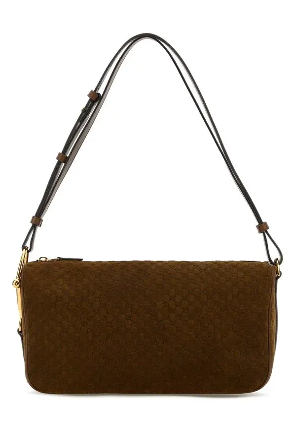 Gucci Medium Suede Half Horsebit Shoulder Bag With Adjustable Crossbody Strap