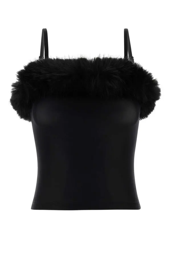 Balenciaga Stretch Nylon Top With Fur Trim - Black
