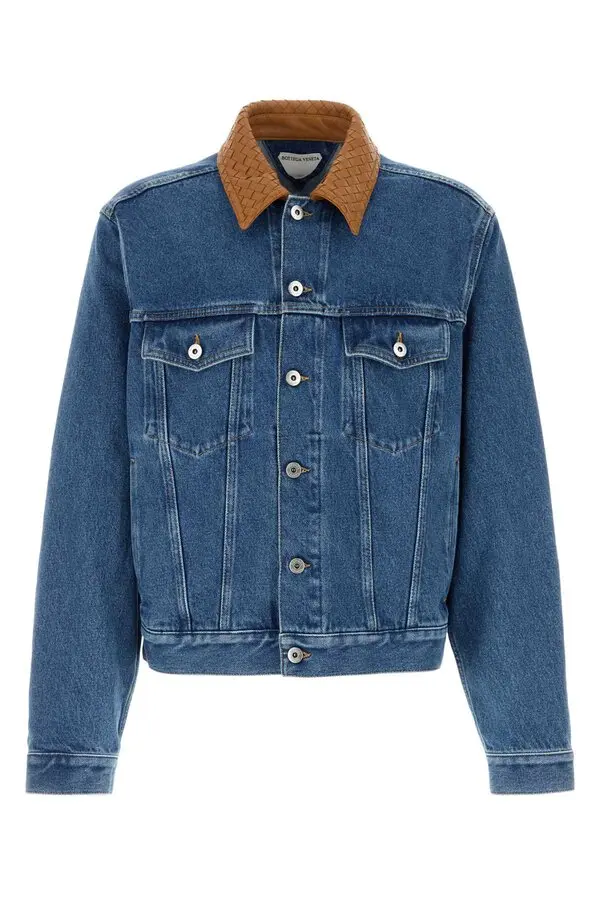 Bottega Veneta Denim Trucker Jacket With Leather Collar
